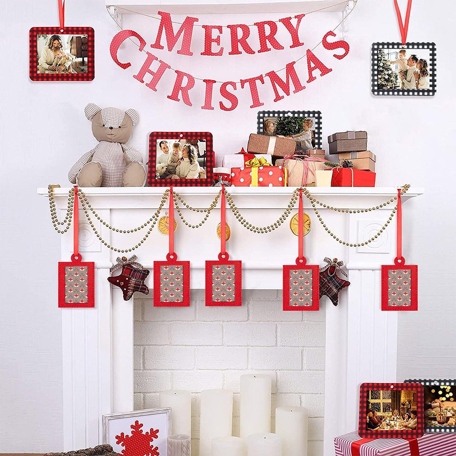 Cute Cartoon Foxes Christmas Photo Ornament Frame Red Picture Frame for Xmas Tree Hanging Decoration
