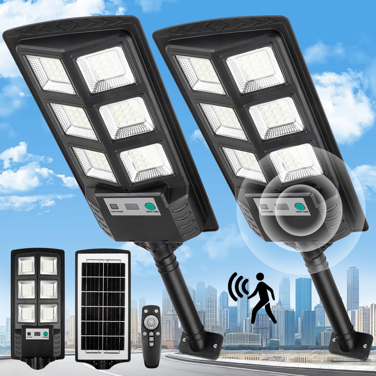 Klaimbmo Solar Street Light 2-Pack: 20000LM Solar Parking Lot Lights with Remote Control and Motion Sensor, Solar Wall Lights Outdoor Waterproof, Floodlight for Streets, Lawns, Parking Lots