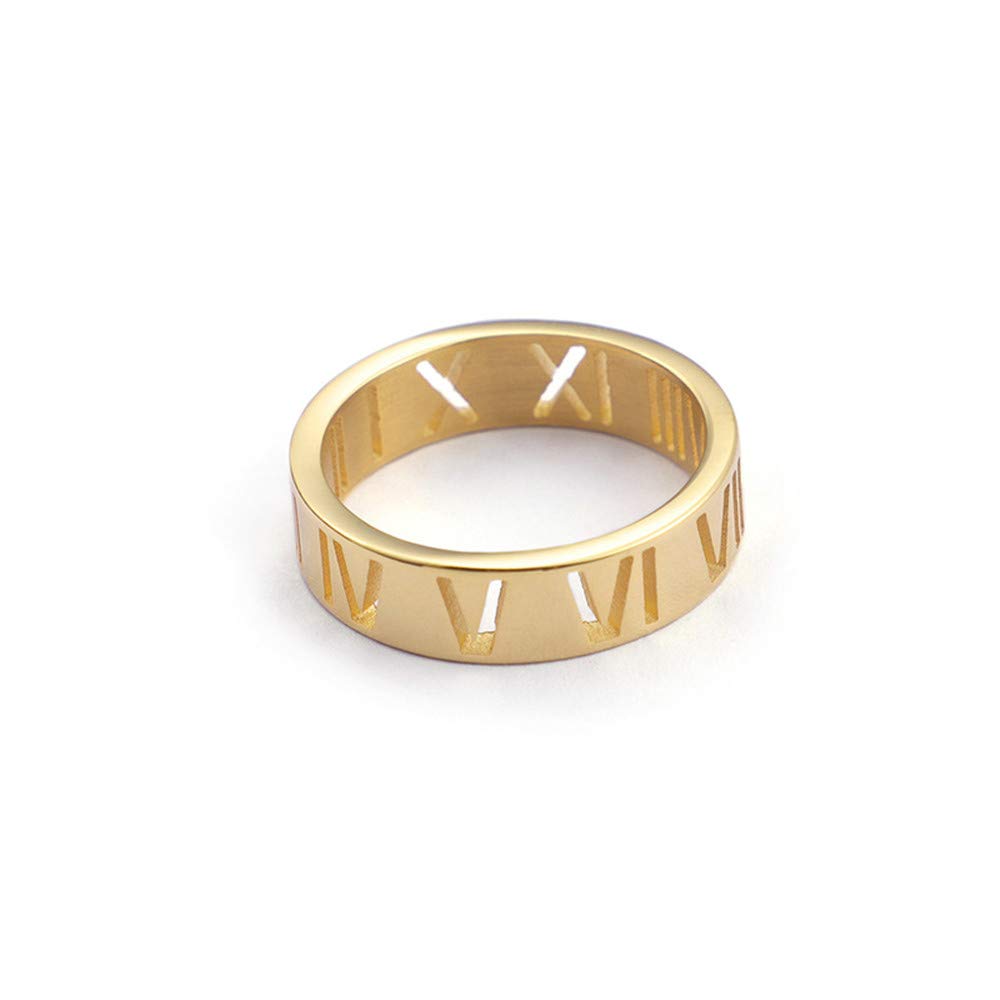 Elefezar Openwork Roman Numeral Stainless Steel Ring for Women Dainty Band Plated Jewelry Gold 8