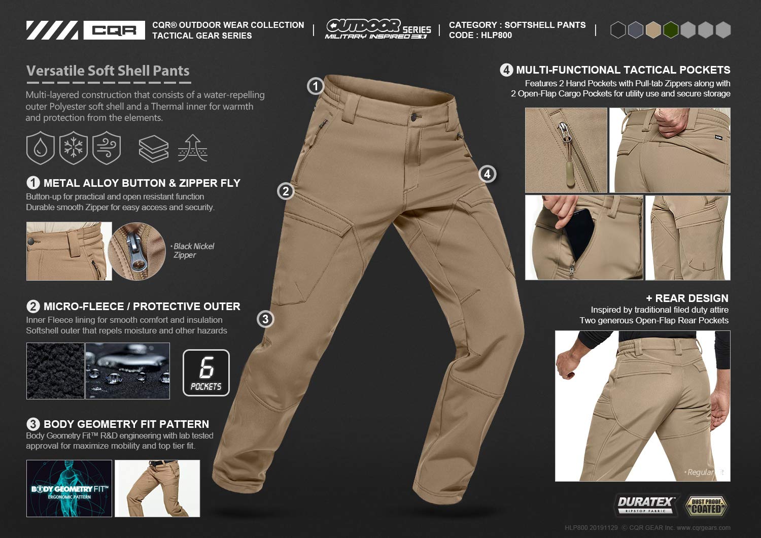 CQR Men's Winter Waterproof Tactical Pants, Softshell Fleece Lined Snow Ski Cargo Pants, Thermal Outdoor Hiking Work Pants, Cargo Olive, Medium