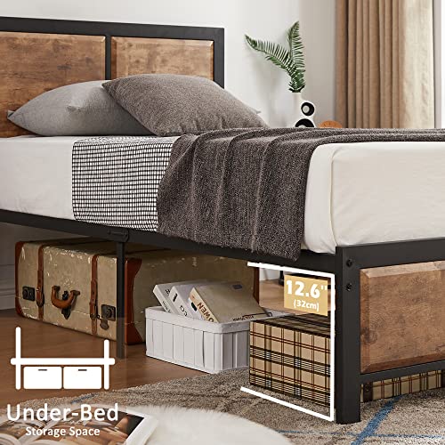 VECELO Twin Platform Bed Frame with Rustic Vintage Wood Headboard, Mattress Foundation, Strong Metal Slats Support, No Box Spring Needed