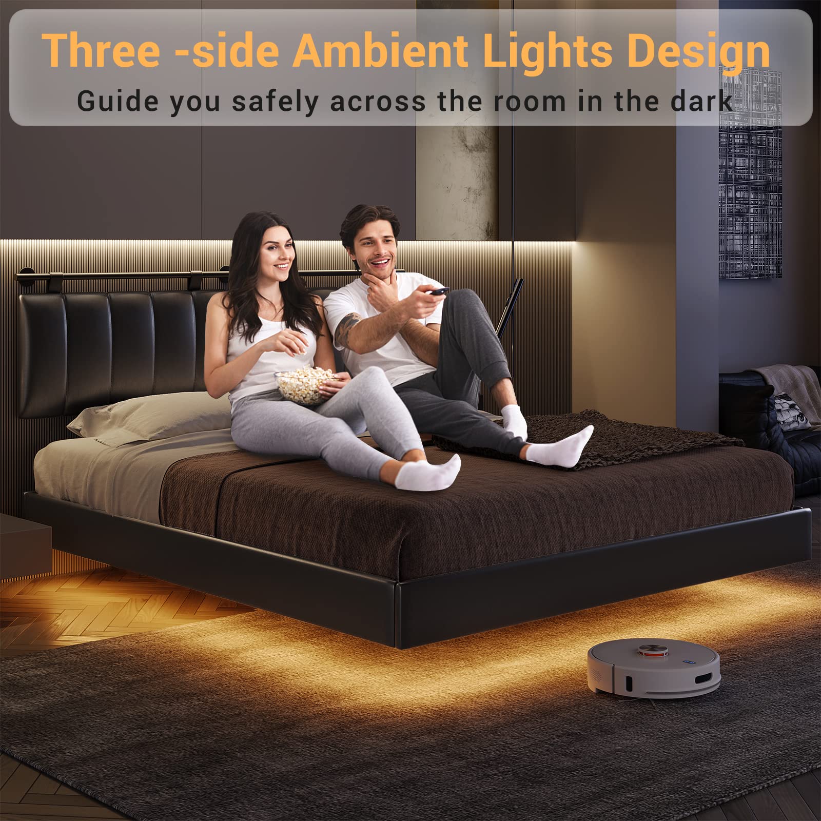DICTAC Full Floating Bed Frame with Led Lights and Wall Mounted Headboard Modern Full Size LED Low Profile Platform Bed Frame Faux Leather Upholstered Platform Bed Frame,No Box Spring Needed,Black