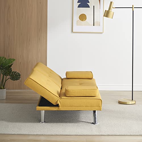 Modern Leather Futon Sofa, Convertible Sleeper Couch Bed Daybed Loveseat, Folding Recliner with 2 Cup Holders, 3 Angles and Metal Legs, Removable Armrest for Compact Living Space