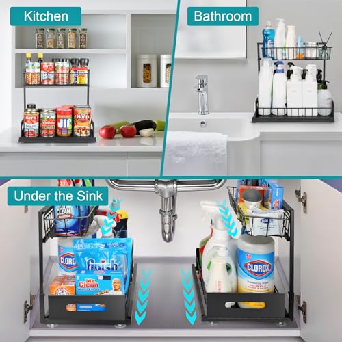 COYETH Under Sink Organizer, Height Adjustable Metal 2-Tier Pull Out Cabinet Organizer Under Kitchen Sink Organizer, L Shaped Slide Out Sink Shelf, Under Cabinet Storage for Kitchen Bathroom