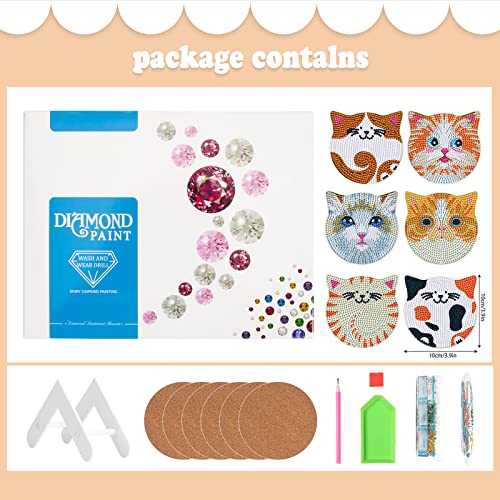 MVVMTOP 6 Pcs Diamond Painting Coasters with Dimensional Holder, DIY Non-Slip Cat Coaster Diamond Art Kits for Beginners, Kids and Adults Craft Supplies