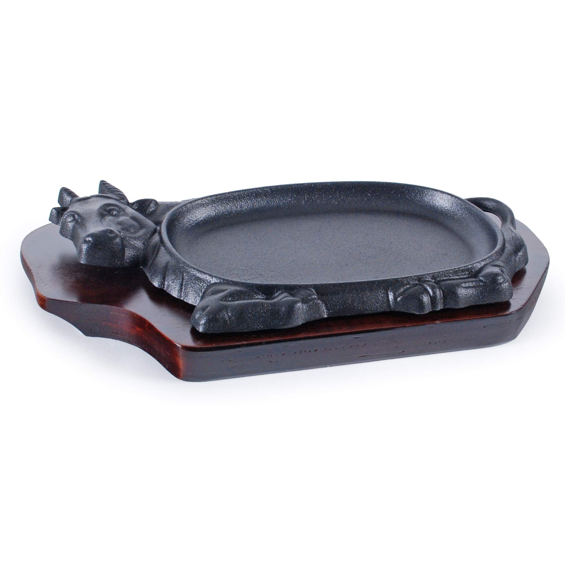 FMC Fuji Merchandise Corp Cast Iron Steak Plate Sizzle Griddle with Wooden Base Steak Pan Grill Fajita Server Plate Household use or Restaurant Supply (Cow Shape 10.5"L)