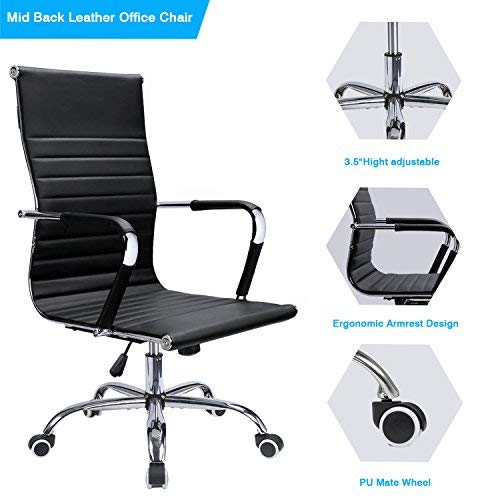 Devoko Office Desk Chair Mid Back Leather Height Adjustable Swivel Ribbed Chairs Ergonomic Executive Conference Task Chair with Arms (Black)