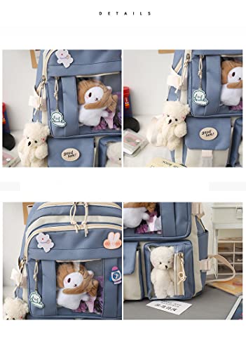 MWZING kawaii Backpack 5 Piece Backpack Set with handbag Pencil Box Small Cell Phone Purse Receive Bag with Pendant Pins Blue