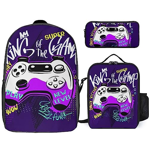 NAWFIVE Gamepad Graffiti King Backpack with Lunch Box And Pencil Case Set Game Gaming Art Travel Daypack Bookbag for Men Women Laptop Backpack 3pcs