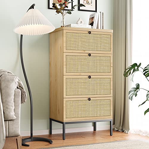 Modern Rattan 4 Drawer Dresser for Bedroom, Industrial Wood Tall Chest of Dressers with Handmade Natural Rattan Drawers, Storage Tower with Sturdy Steel Legs for Closet Living Room