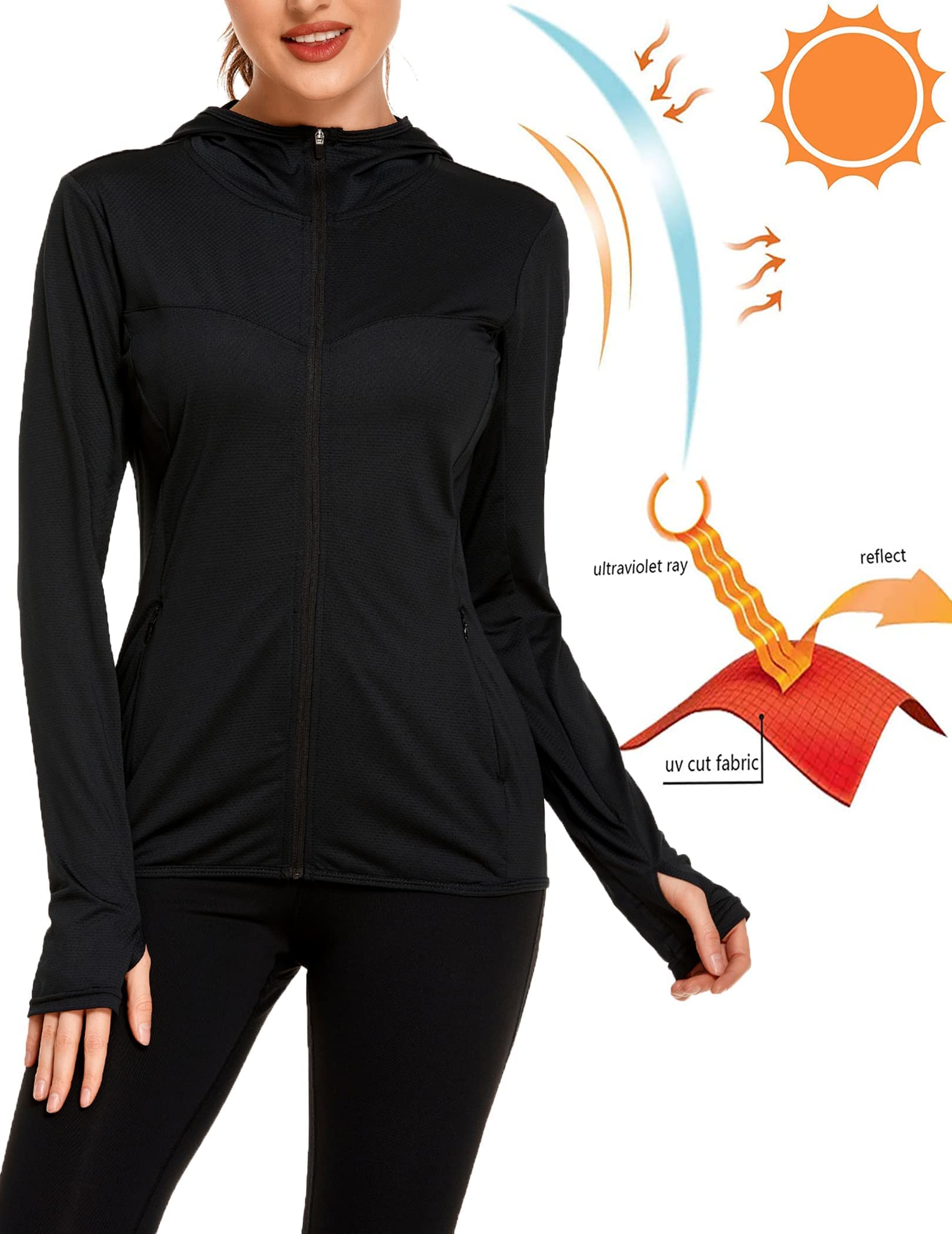 COOrun Women's UPF 50+ Sun Protection Hoodie Jacket Lightweight Full Zip Running Jacket Athletic Jacket with Thumb Holes Black XXL