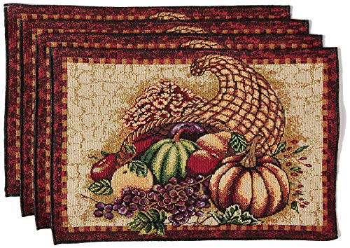 Violet Linen Fall Harvest Thanksgiving Autumn Leaves Sunflowers Fruits Pumpkins Tapestry Pattern, Polyester Cotton Woven Tapestry, Cornucopia, 13 X 19, Rectangler Set of 4, Decorative Place Mats