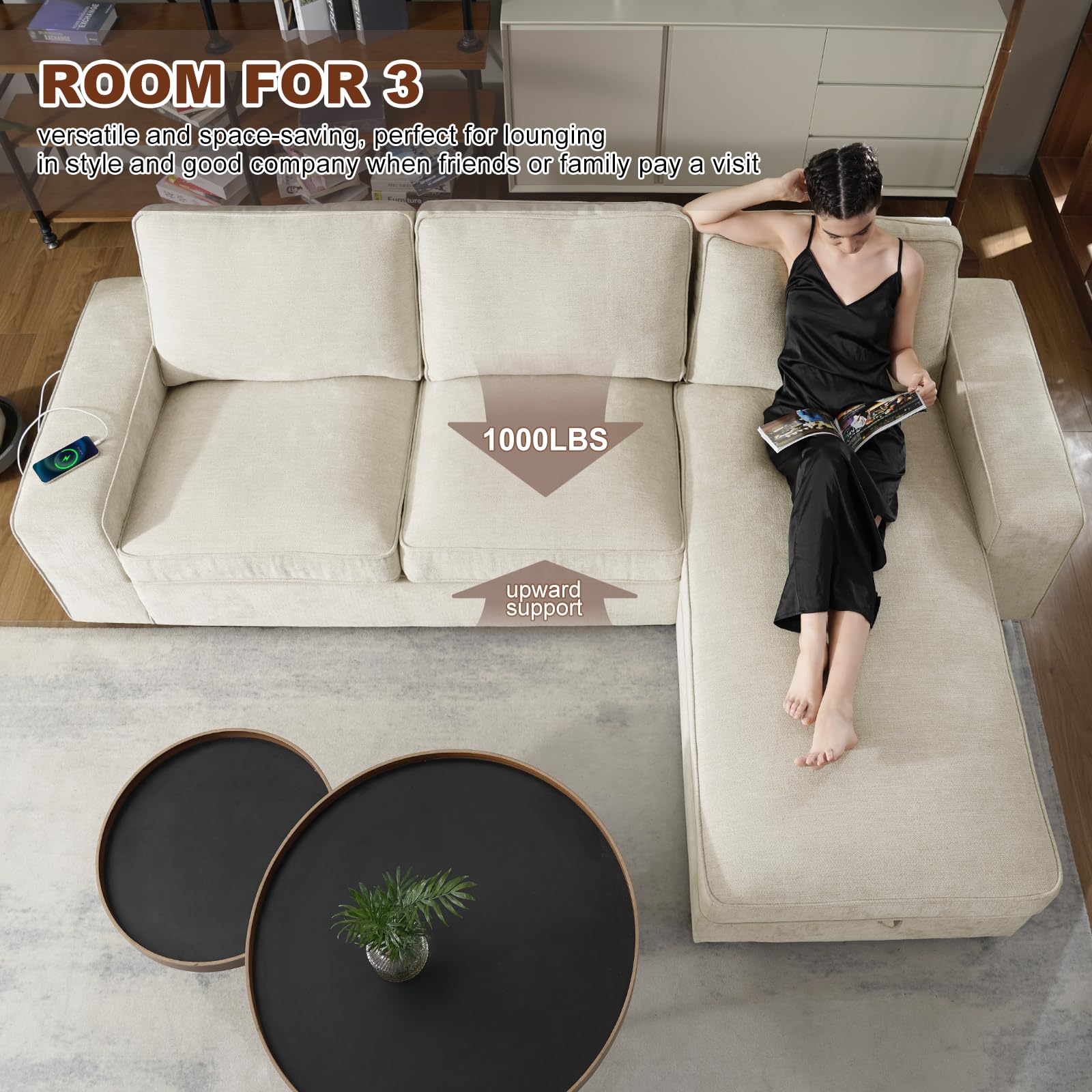 COOSLEEP 99” L-Shape Convertible Sectional Couches Sofas with 190L Storage Chaise,Chenilee Upholstered Sofas with Removable Cushion and Detachable Cover,USB and Type-c Charging for Living Room