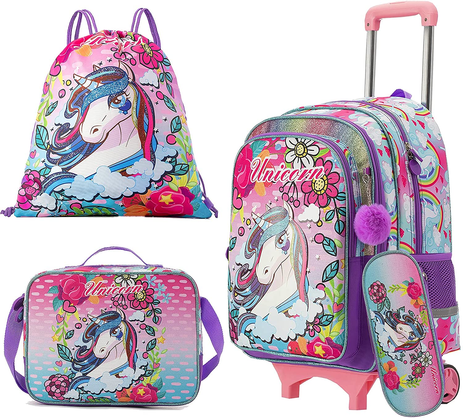 Egchescebo Kids Rolling School Backpack Bags for Girls With Wheels Trolley Roller Wheeled 5PCS With Lunch Box Cute Unicorn Pattern Rolling Backpacks Bags Girls Pink