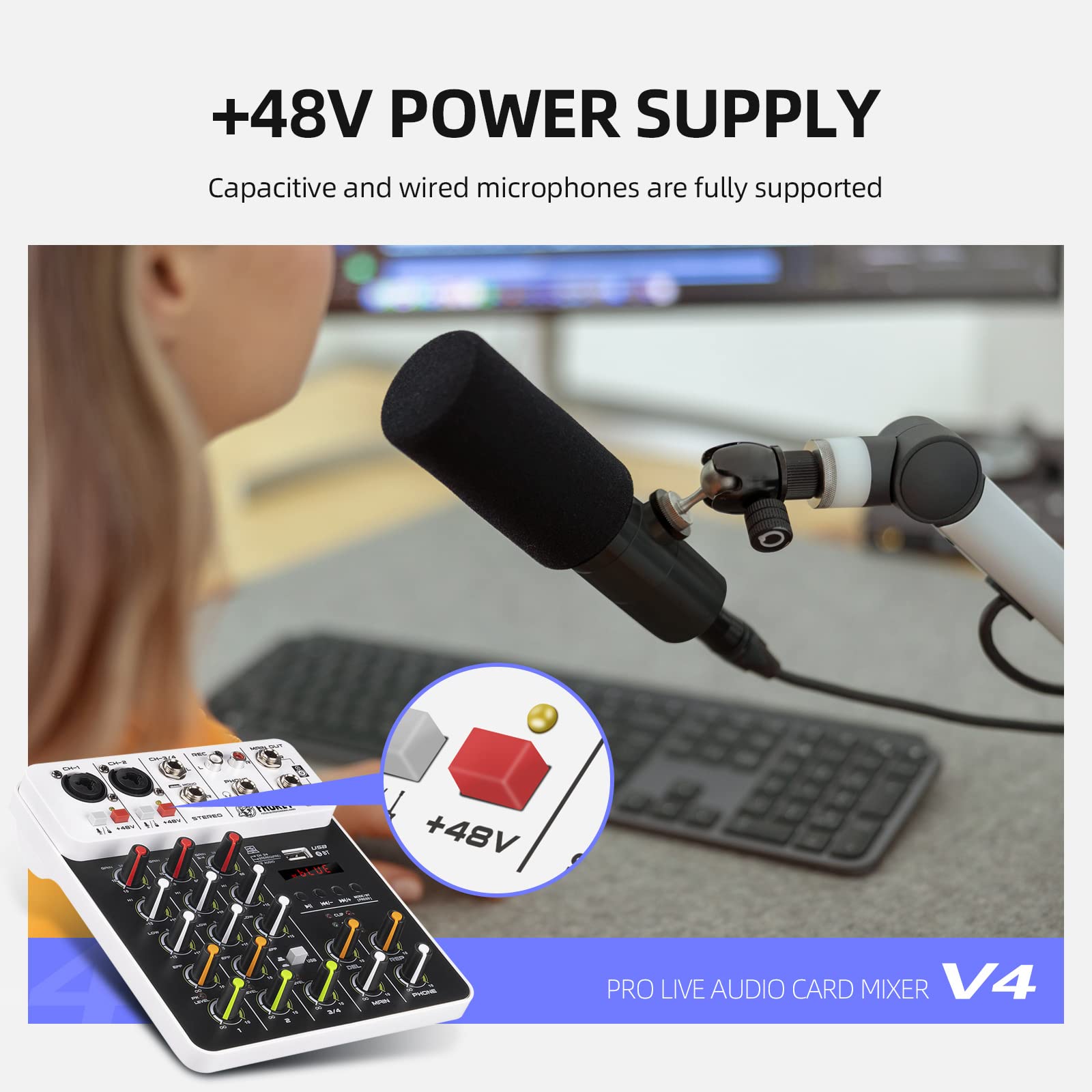 Forket V4 High-Fidelity Audio Mixer and USB Audio Interface - Portable DJ Console and Audio Console for Recording, Streaming, and Live Performances
