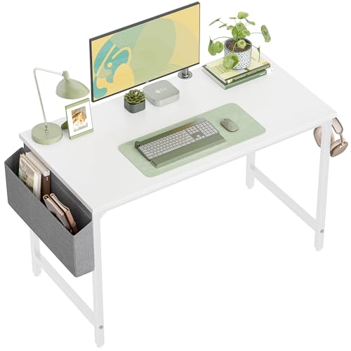 CubiCubi Computer Desk 55" Study Writing Table for Home Office, Modern Simple Style PC Desk, White Metal Frame, White