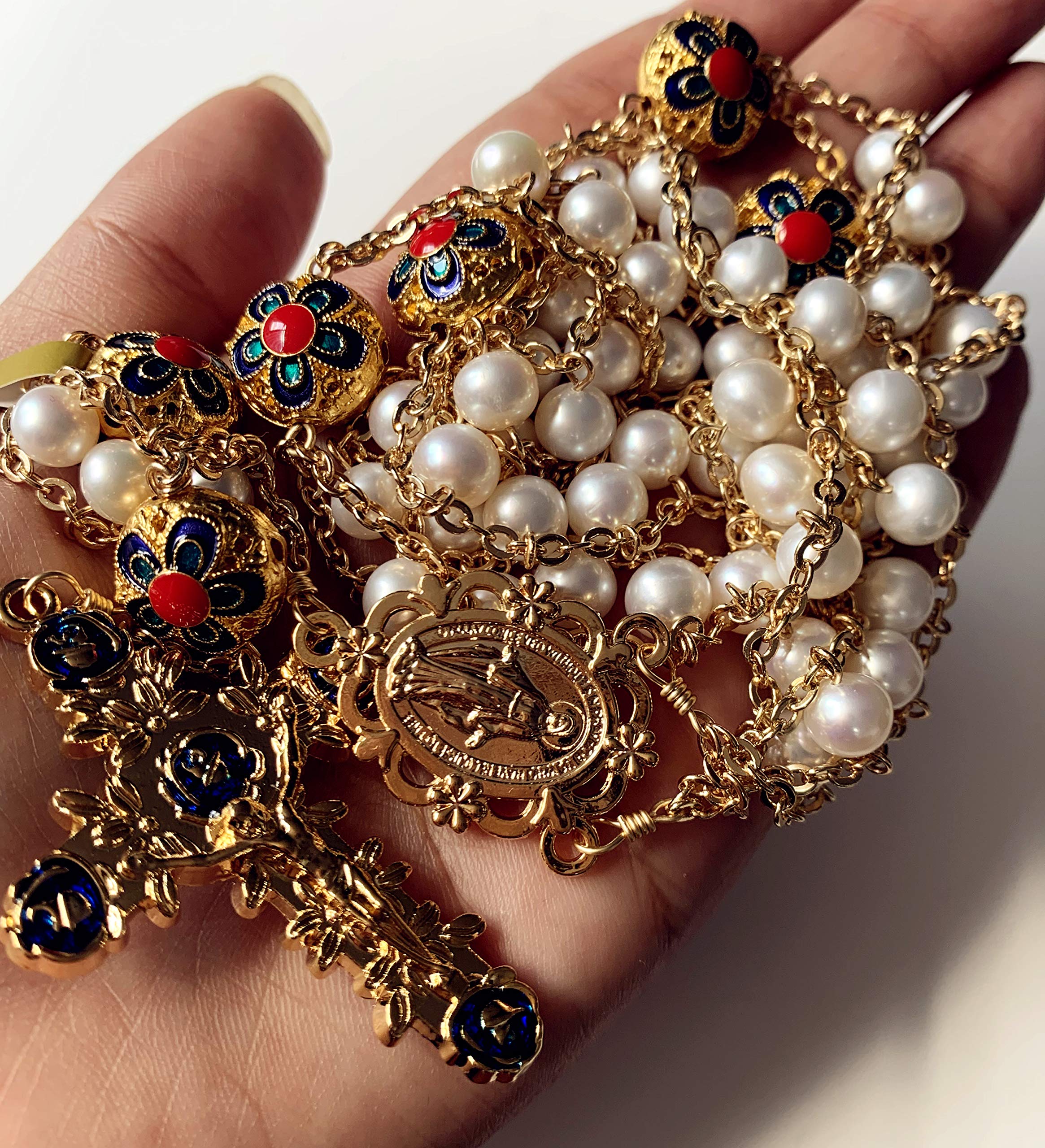elegantmedical handmade 18KGold-plated Ladder to Heaven pearl & Enamel Beads Catholic Rosary crucifix Necklace box