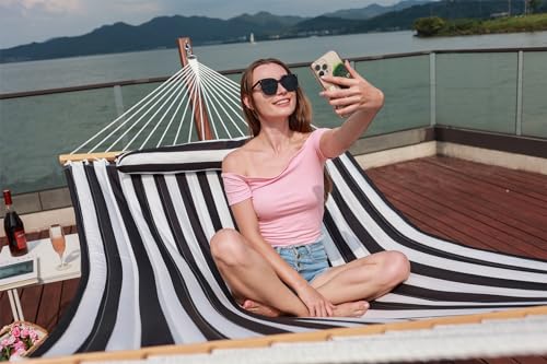HARBOURSIDE 12FT Quilted Hammock with Spreader Bar, 2 Person Double Hammock with Pillow and Chains, Hammock for Indoor Outdoor, Bedroom Patio, 450 lbs Capacity,Black Stripe