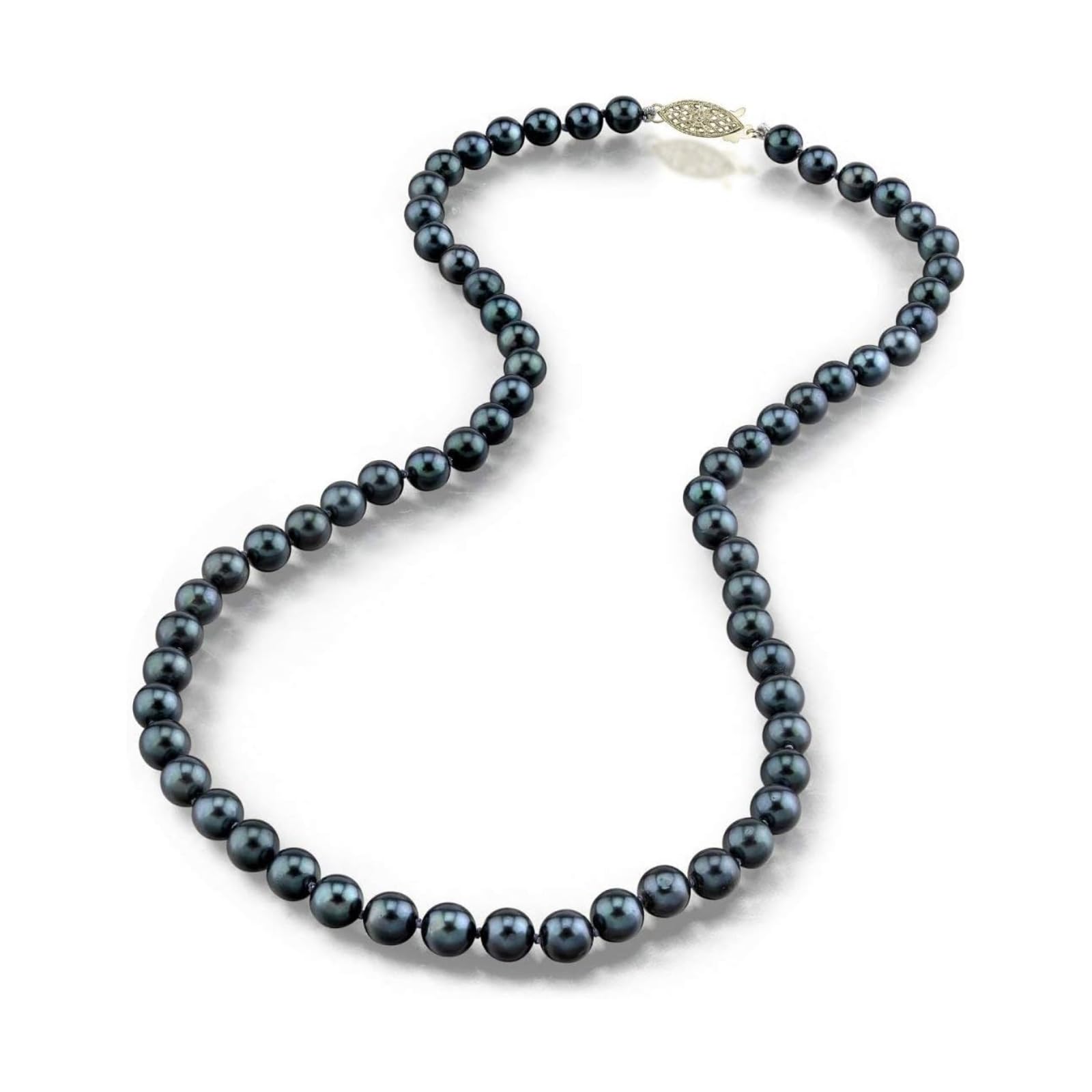 The Pearl Source Black Akoya Japanese Pearl Necklace for Women - 14k Gold Pearl Strand Necklace | 18in Long Pearl Necklace with Genuine Cultured Pearls Pearl Gifts for Christmas, Holidays and Anniversary