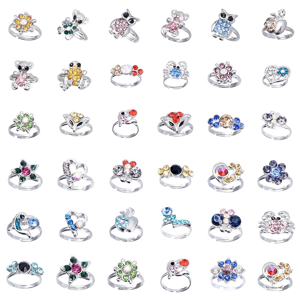 Cren 20pcs Children Kids Girls Crystal Adjustable Rings With Cute Animals