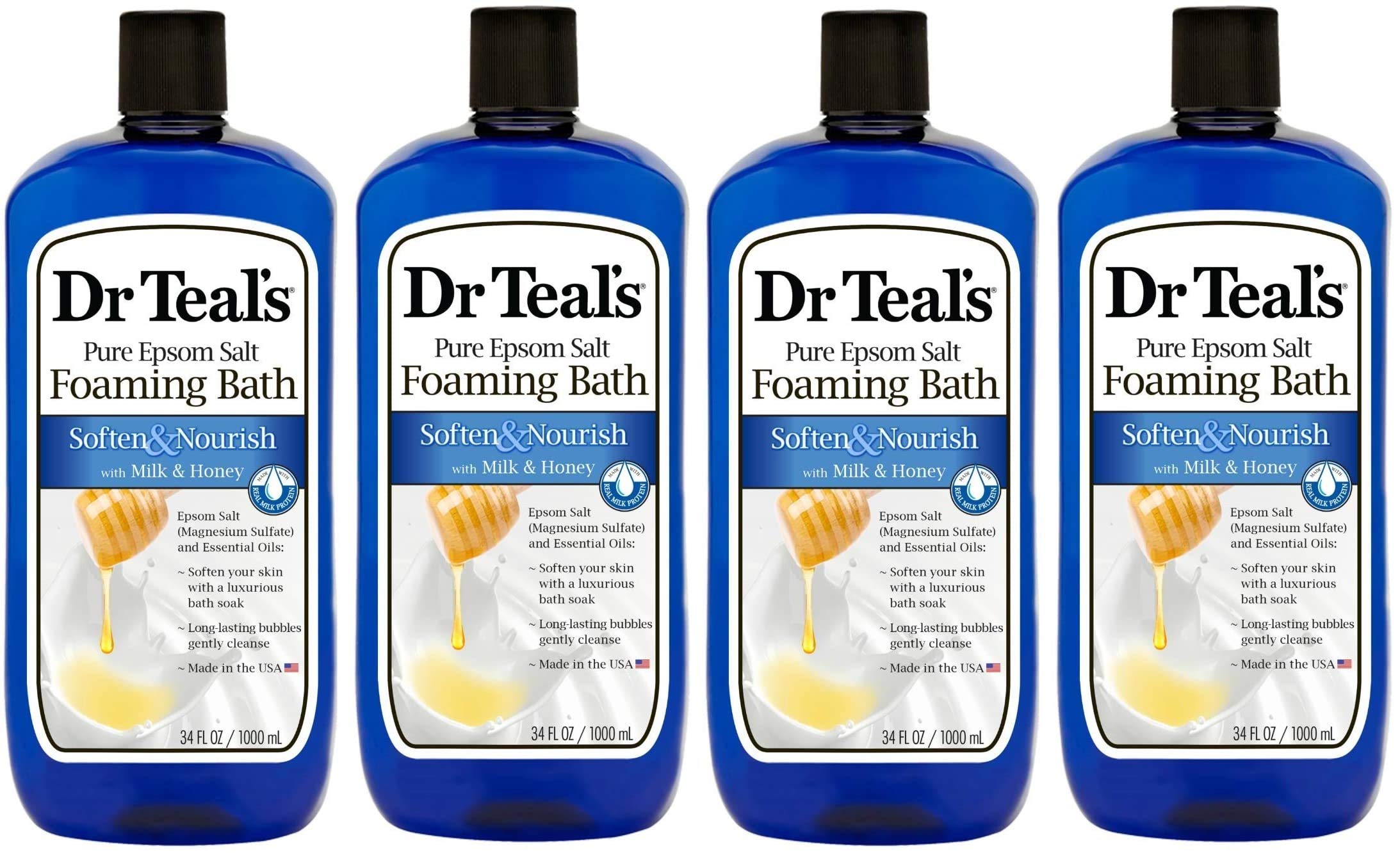 Dr Teal's Milk & Honey Foaming Bath Gift Set (4 Pack, 34oz Ea) - Soften & Nourish Formula with Milk & Honey - Essential Oils Blended with Pure Epsom Salt Ease Aches & Pains & Alleviates Daily Stress