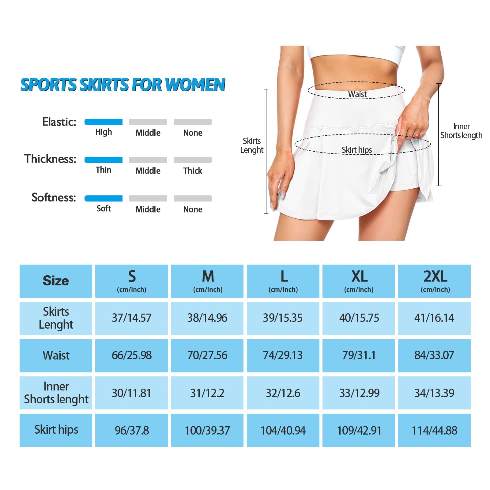 FEIXIANG Athletic Tennis Skirts for Women, High Waisted Golf Skorts 3 Pockets Pleated for Casual Running Workout Active Skirt White