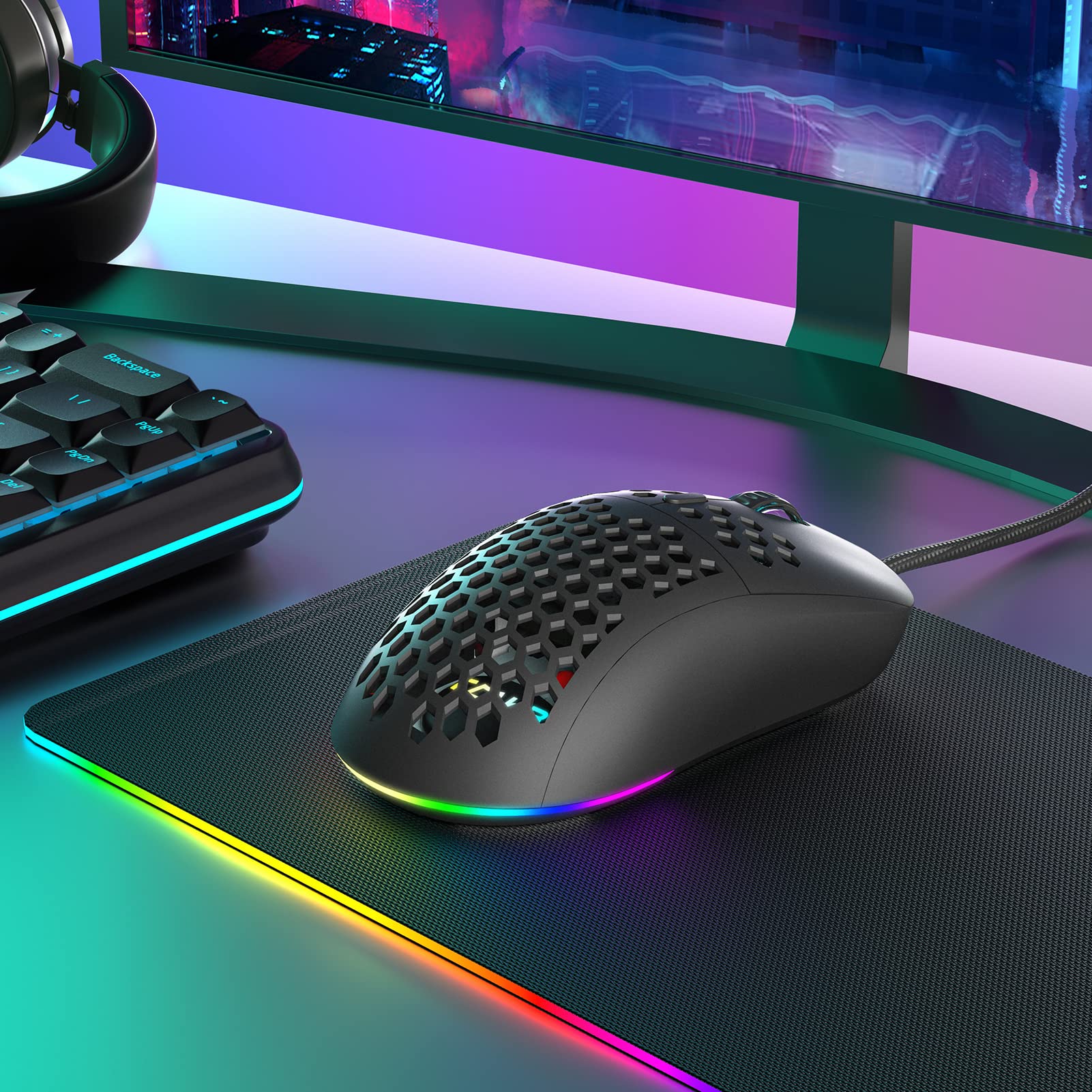 DIERYA Falcon Gaming Mouse, Up to 16000 DPI, Ultra-Lightweight Honeycomb Mouse, RGB Wired Gaming Mice with 7 Buttons Programmable Driver for Windows PC Gamer Designer (Black)