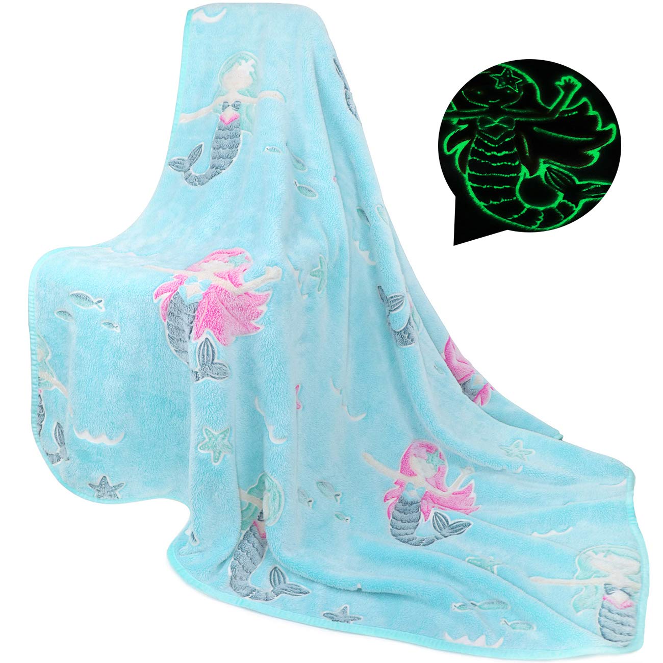 Epotys SIXNE ONOW YSECTL Glow in The Dark Throw Blanket Mermaid for Girls Birthdays (50" x 60" Blue)