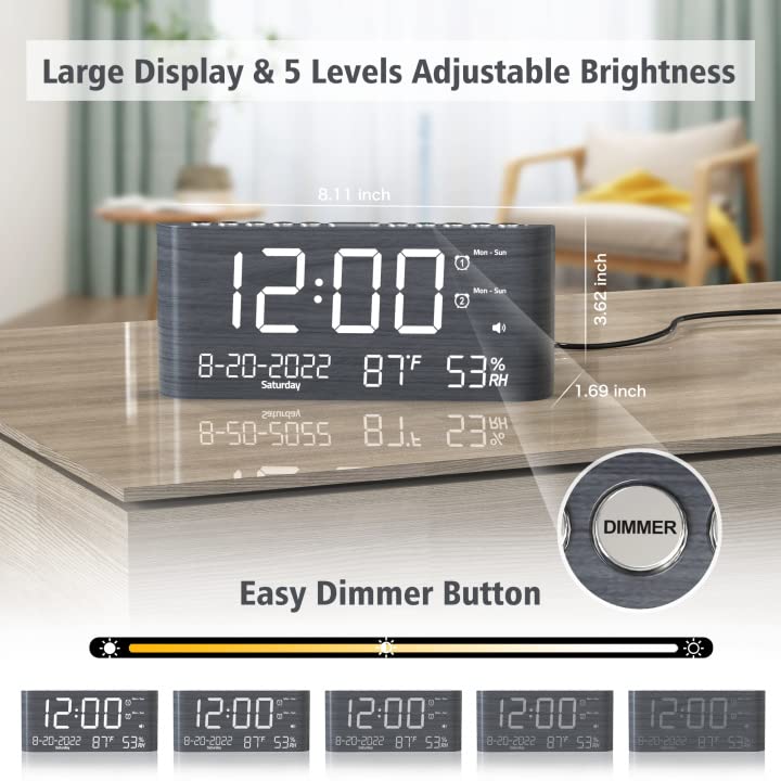 Digital Wooden Alarm Clock with Dual Alarm,Weekday/Weekend Mode,Adjustable Volume,Humidity & Temperature Detect,2-100% Dimmer,12/24H,Snooze,2 USB Chargers,Battery Backup, Loud Alarm Clock for Bedroom