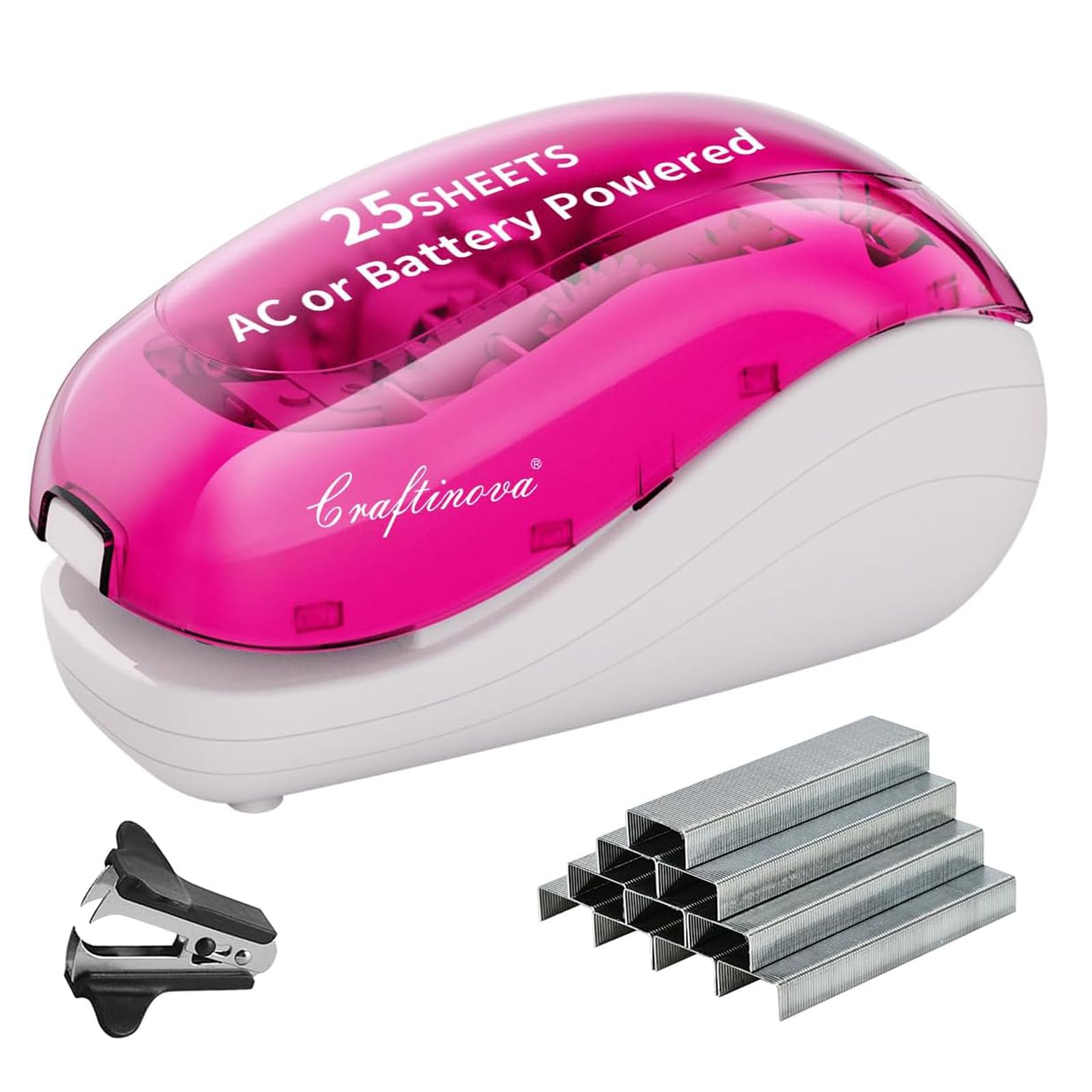 Craftinova Electric Stapler-Pink,Including 2000 Staples and 1 staple remover, Suitable for Palm Size and high Comfort,25 Sheet Capacity, AC Adapter or Battery Powered,Battery not Included
