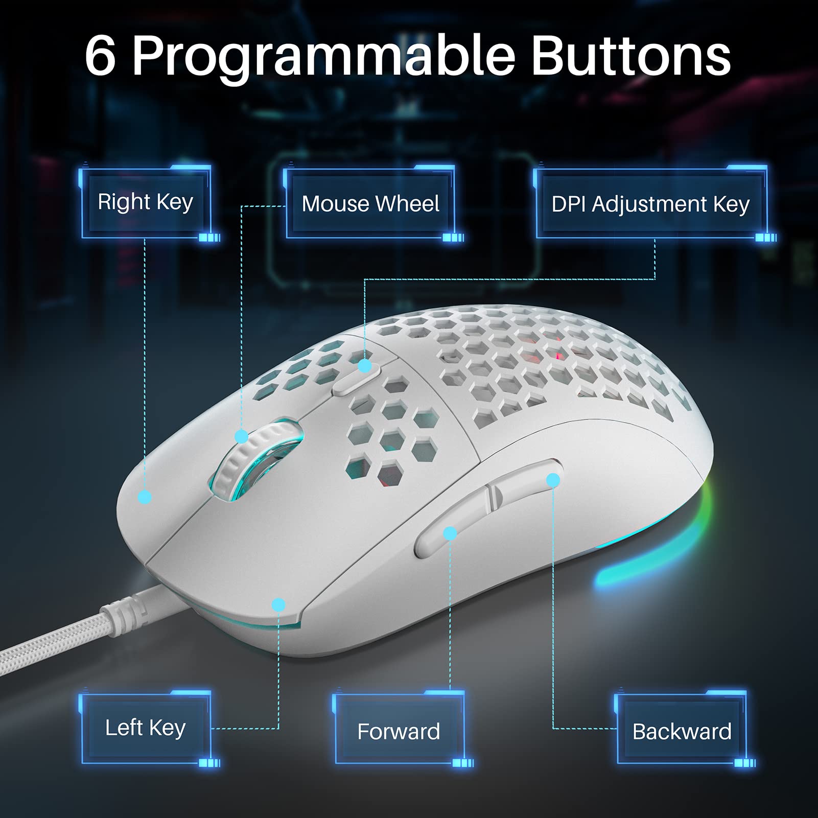 DIERYA Falcon Honeycomb Wired Gaming Mouse, RGB Backlight and 16000 Adjustable DPI, 7 Programmable Buttons, Ultra-Lightweight Ergonomic USB Computer Mouse for Windows PC Gamers (White)