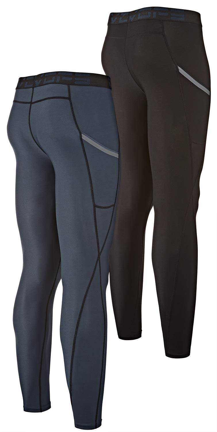 DEVOPS 2 Pack Men's Compression Pants Athletic Leggings with Pocket (Medium, Black/Charcoal)