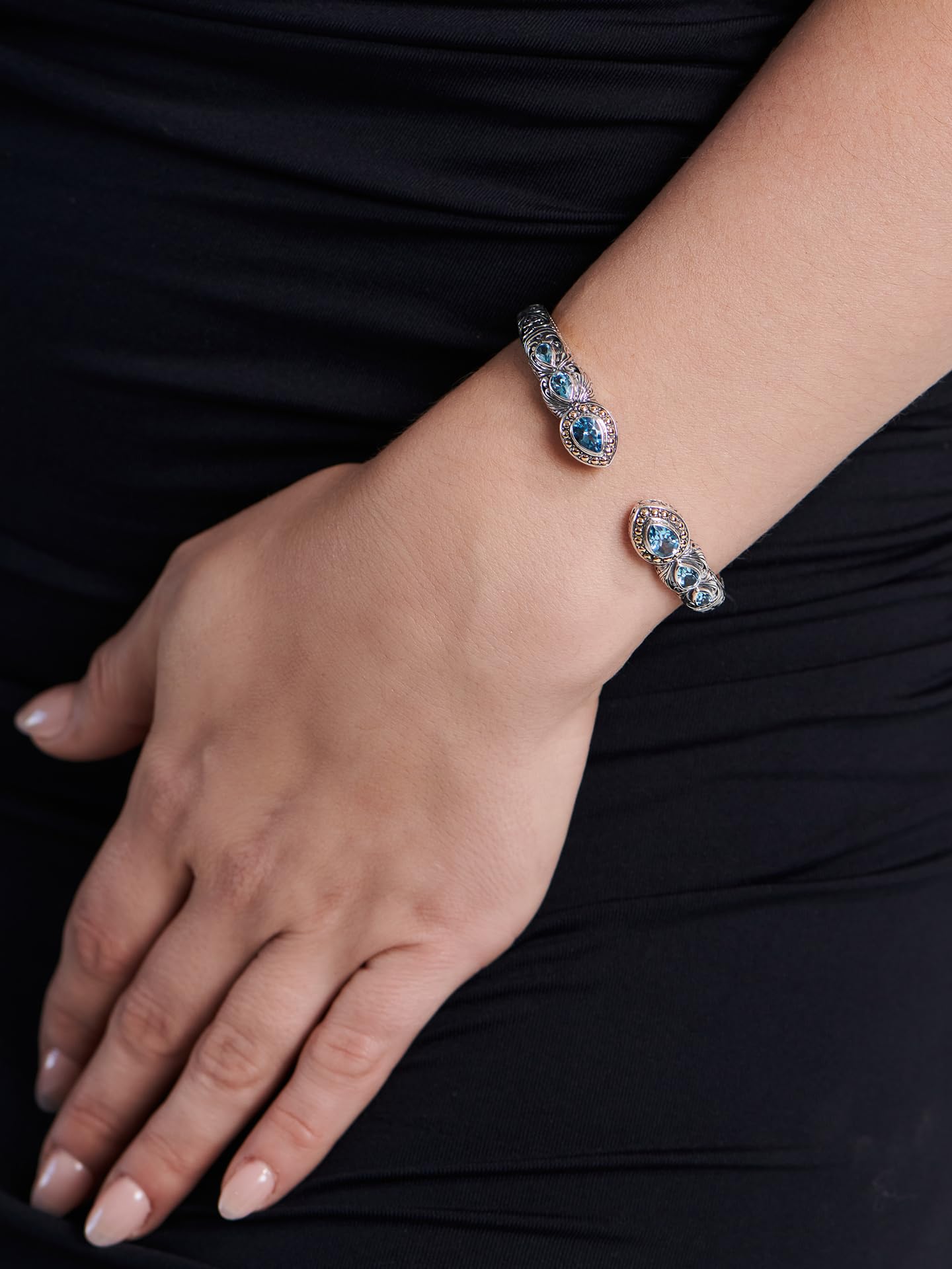 DEVATA Sterling Silver 925 and 18K Gold with Citrine Bali Filigree Cuff Bracelet DHK3226ACT (Size M)