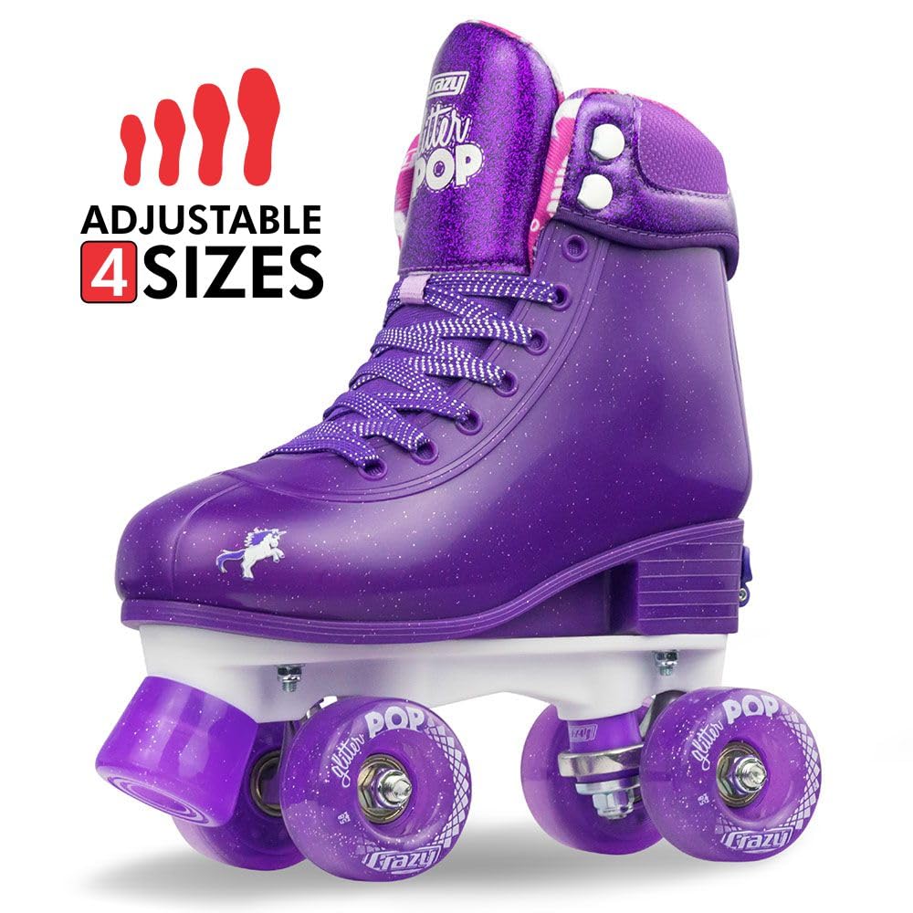 Crazy Skates Adjustable Roller Skates for Girls and Boys - Glitter Pop Collection - Size Adjustable to fit Four Sizes - Purple (Size: Small | j12-2)