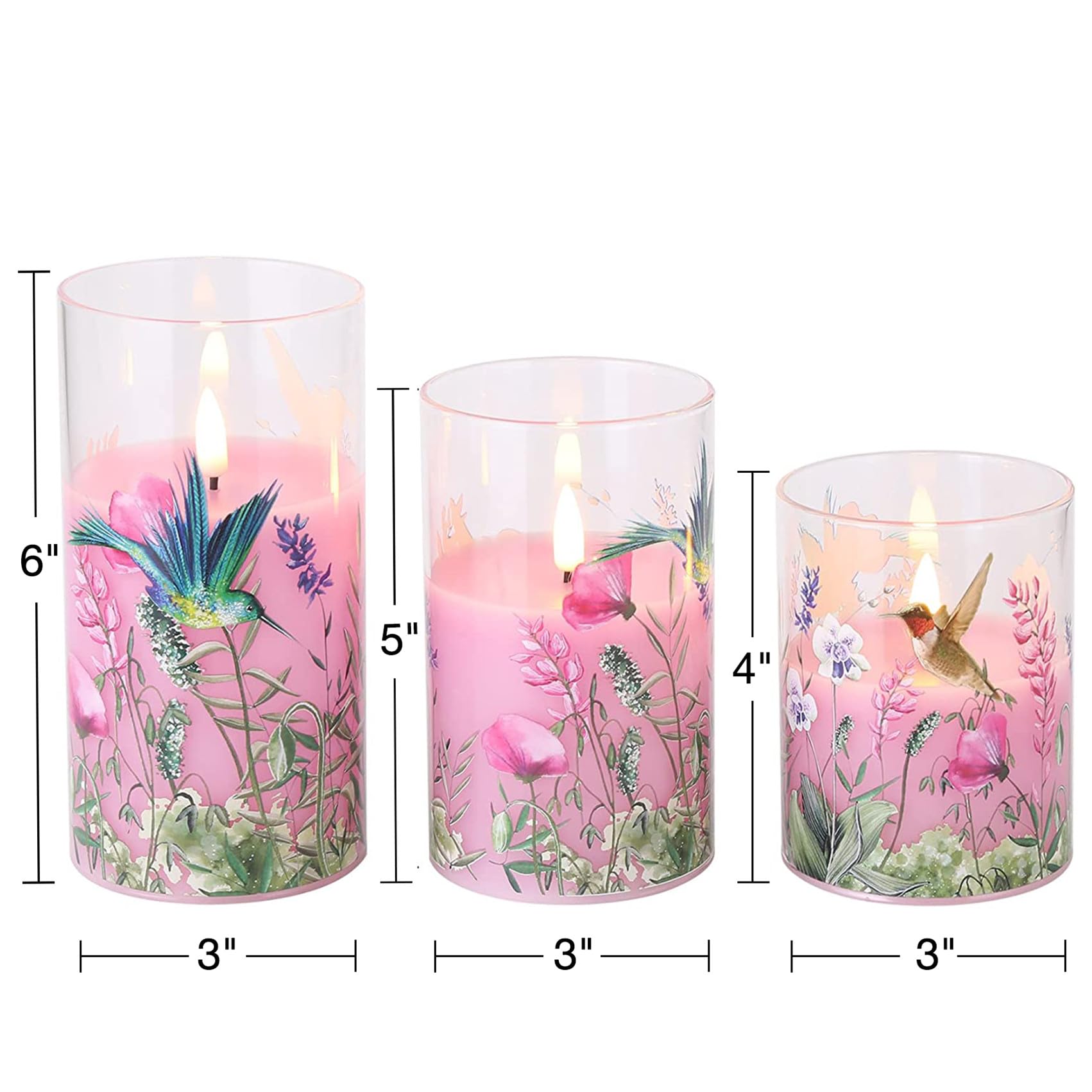 Girimax Pink Hummingbird Glass LED Candles with Remote, Flickering Flameless Candles Battery Operated Φ 3" H 4" 5" 6"