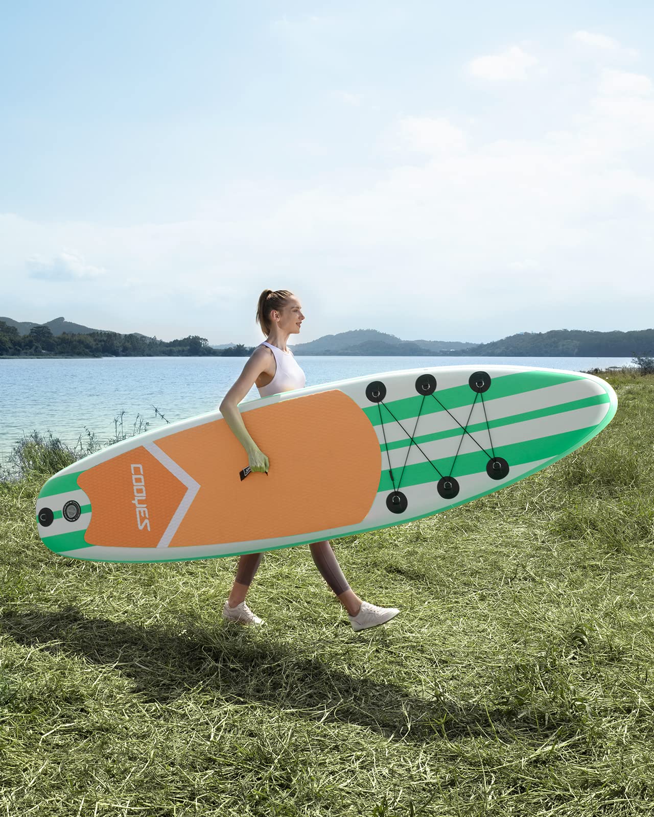 Cooyes 10x30x6 (17.6 lbs) Inflatable Stand Up Paddleboard Sup w/Backpack, Large Fin, Leash, Paddle, Pump, Waterproof Phone Case, Extra-Light for Yoga