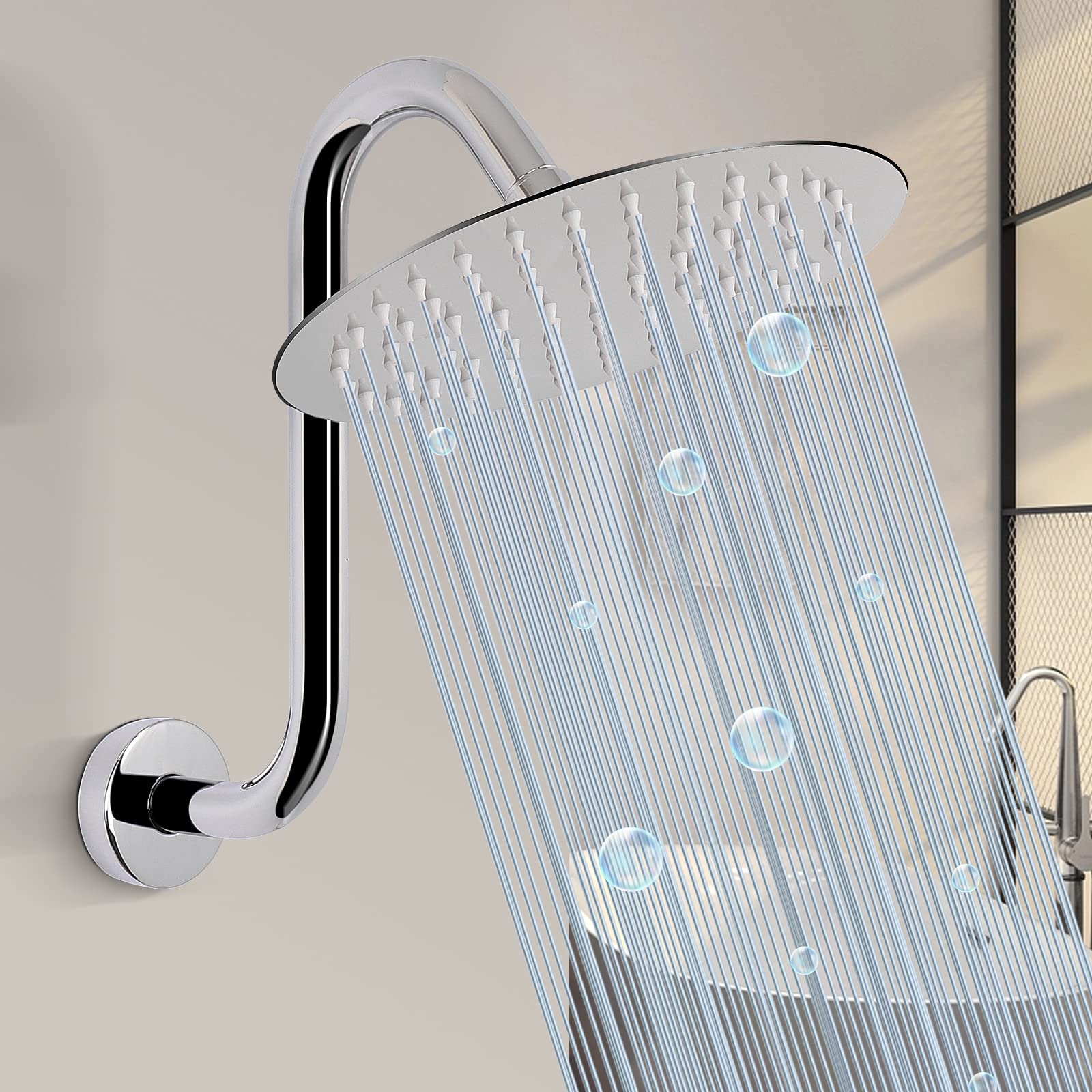 HarJue S Shaped Shower Arm, High Rise Shower Head Extension Pipe Standard 1/2" Connection with Flange, Awesome Shower Experience-Stainless Steel Bathroom Accessory(10 Inch S Shape, Chrome Finish)