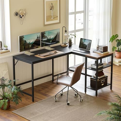 CubiCubi L-Shaped Computer Desk, Industrial Office Corner Desk Writing Study Table with Storage Shelves, Space-Saving, Black/Dark Rustic