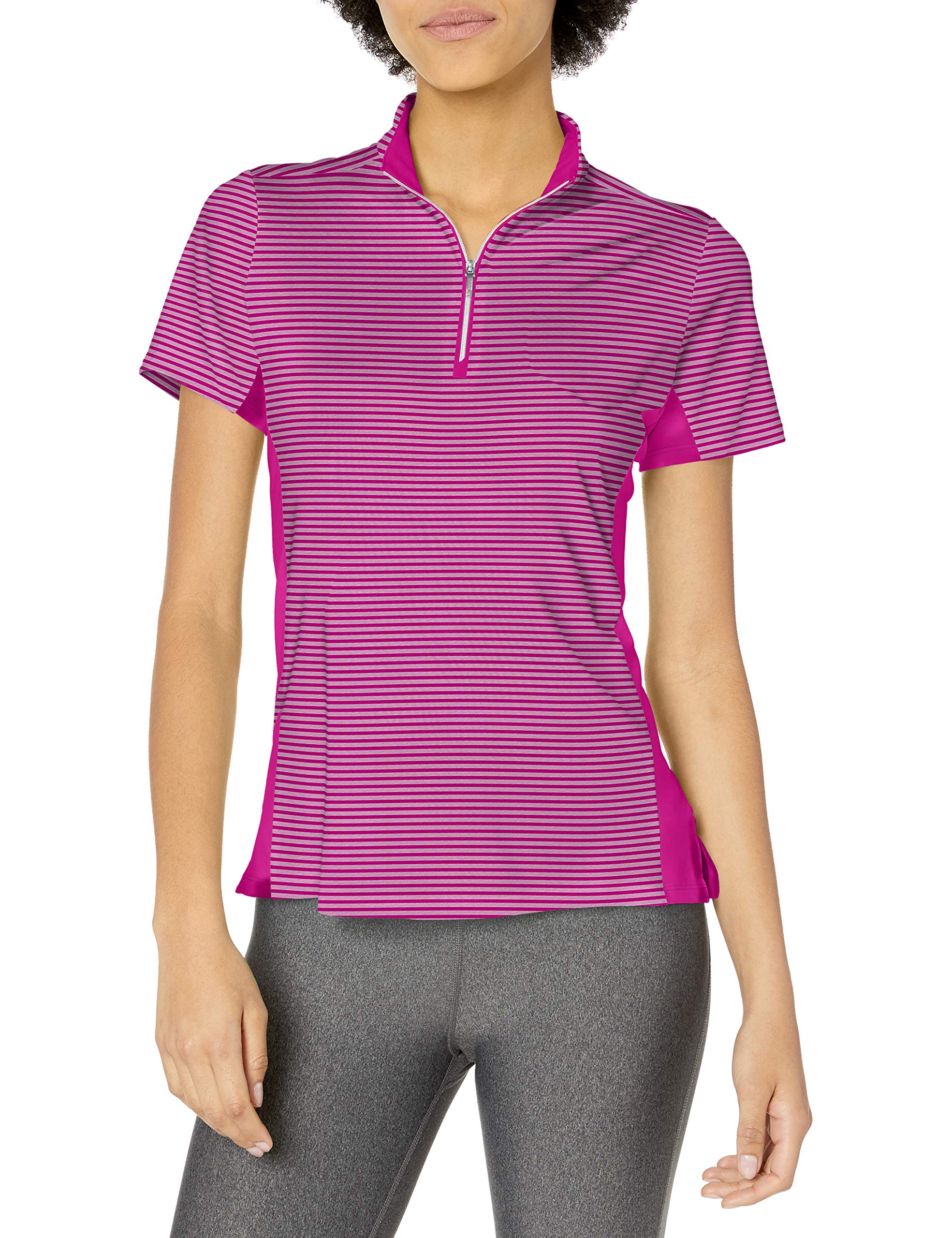 Cutter & Buck Women's Moisture Wicking, UPF 50+, Short-Sleeve Striped Kelsey Zip Mock Shirt, Iris, M
