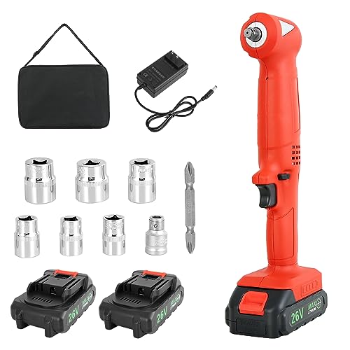 gangqiao Cordless Electric Ratchet Wrench, 90° Angular Impact 3/8 inch 88.5Ft-lbs 2100 RPM 26V Power Ratchet Wrench Kit w/ 2-Pack 3.0Ah Lithium-Ion Batteries 30-Min Fast Charge Variable Speed Trigger