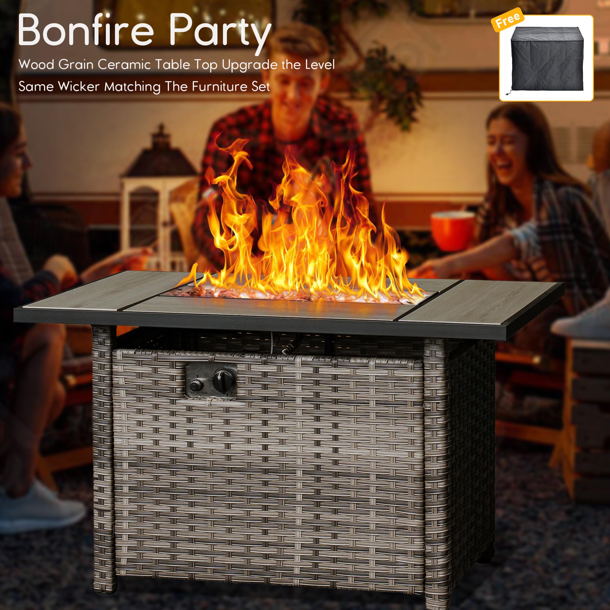 HOOOWOOO Patio Furniture Set,8 Piece Outdoor Furniture with Fire Pit Table,Wicker Patio Conversation Couch Chairs Ottoman Set,Denim Blue