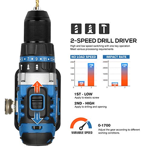 G LAXIA 20V Lithium Ion 2-Speed Cordless Drill Driver with Variable Speed, Max Torque(50N.m), 21+3 Clutch, 1/2 inch Keyless Chuck, Built-in LED, Metal Belt Clip, 2.0Ah Battery & 1 Fast Charger