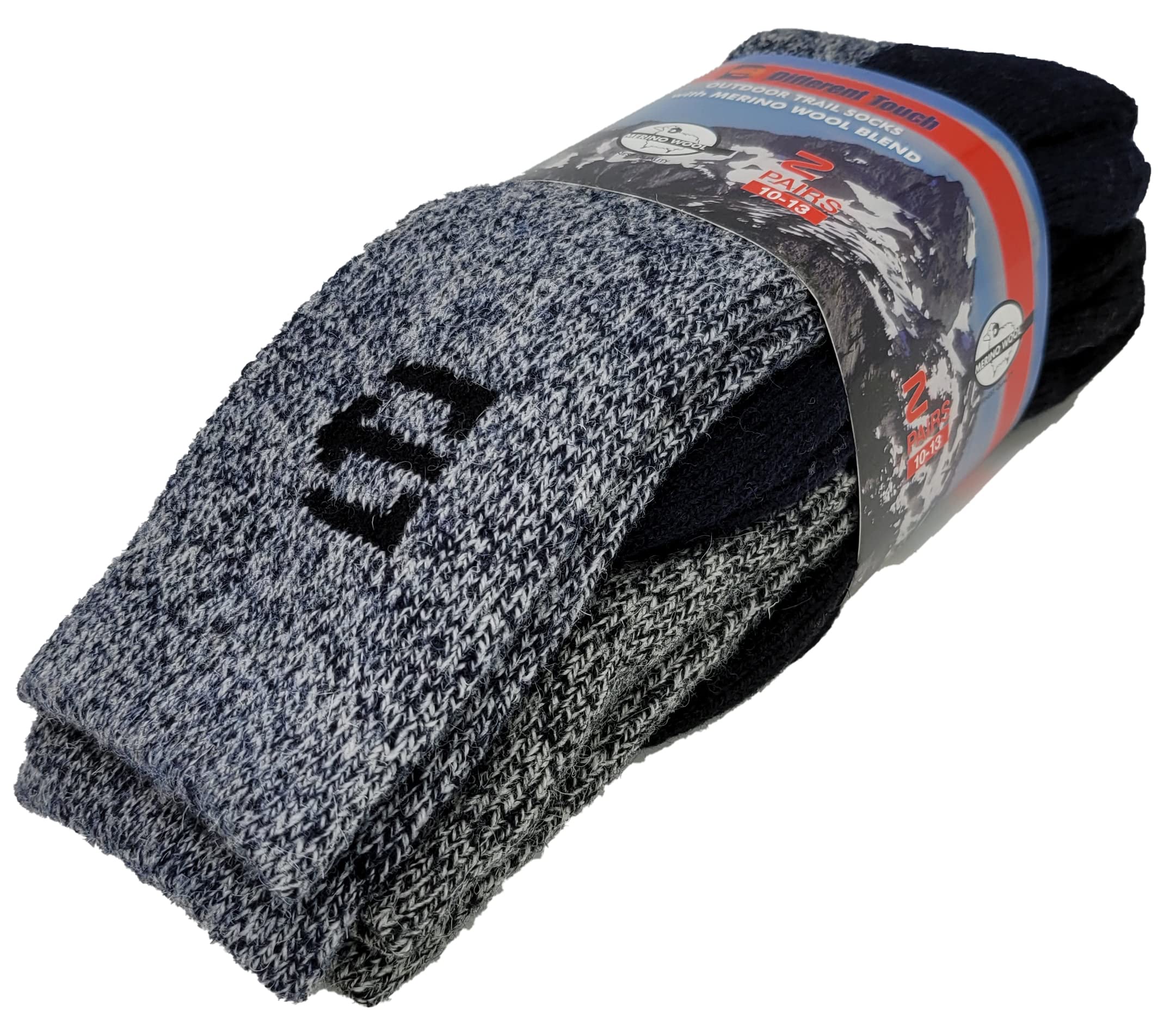 Different Touch Men's Heavy Weight Merino Wool Comfort Hiking Boot Socks(2 pack) (10-13, Black/Grey)