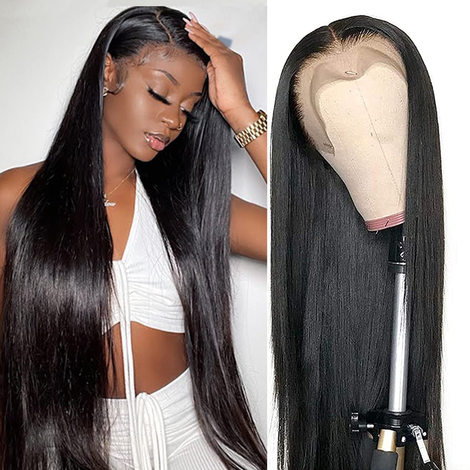 RESHOWBEAUTY Lace Front Wigs Human Hair Straight 13x4 Frontal For Black Women With Baby 180% Density Transparent Brazilian Virgin Wig Pre plucked Natural Color (24 Inch)