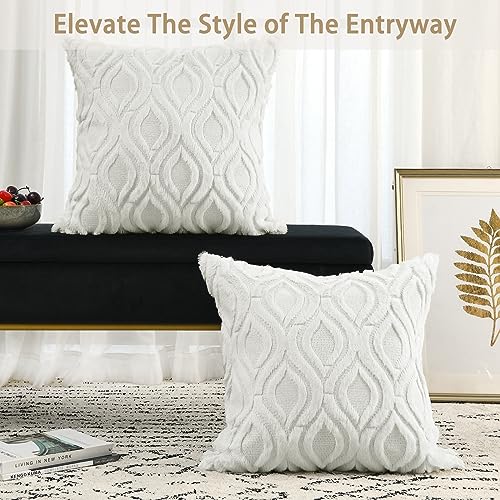 Volcanics Decorative Throw Pillow Covers 18x18 Inch, Faux Wool Plush Couch Cushion Cases Soft Fluffy Boho Pillowcases, Set of 2, Cream Beige