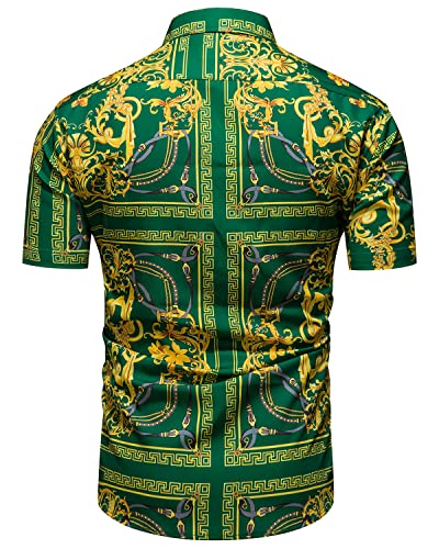 fohemr Mens Gold Chain Dress Shirts Luxury Short Sleeve Baroque Print Casual Button Down Design Buchona Shirts Green XX-Large