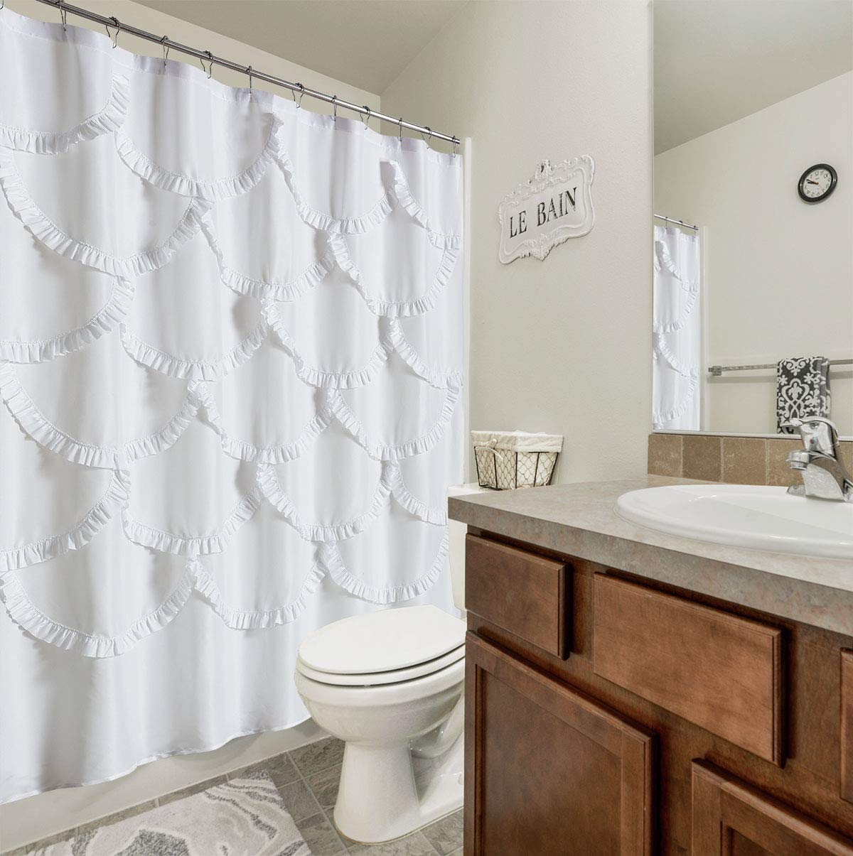 DOSLY IDÉES White Ruffle Fabric Shower Curtain for Bathroom,Mermaid Pattern,Farmhouse,Country Rustic,Cute,Washable and Waterproof,72x84 Inch Long