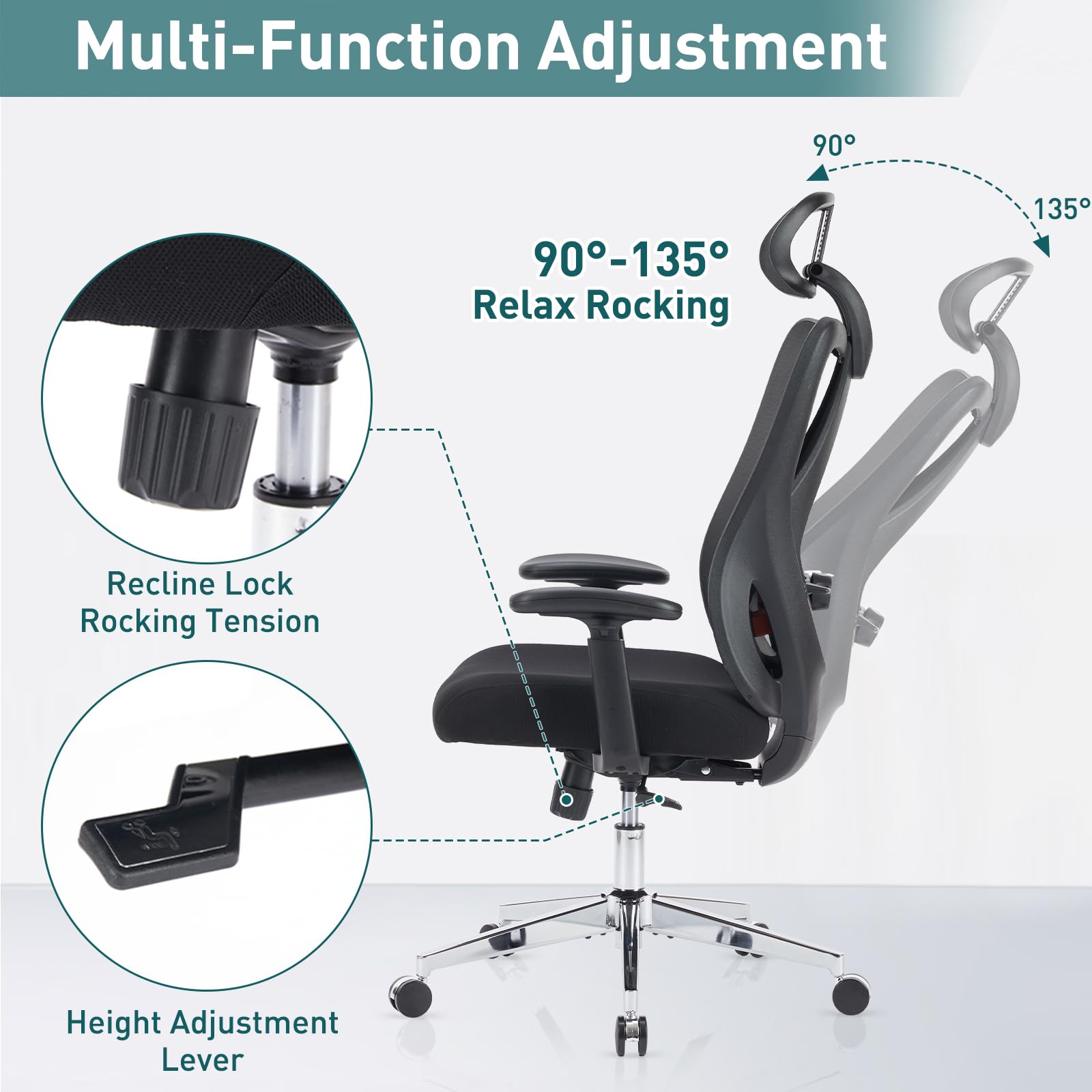 Ergonomic Office Chair - Executive High Back Desk Chair with 2D Flip-up Armrests, Height Adjustable Gaming Chair with Lumbar Support, Adjustable Headrest, 360°Swivel Mesh Task Chair with Tilt Function