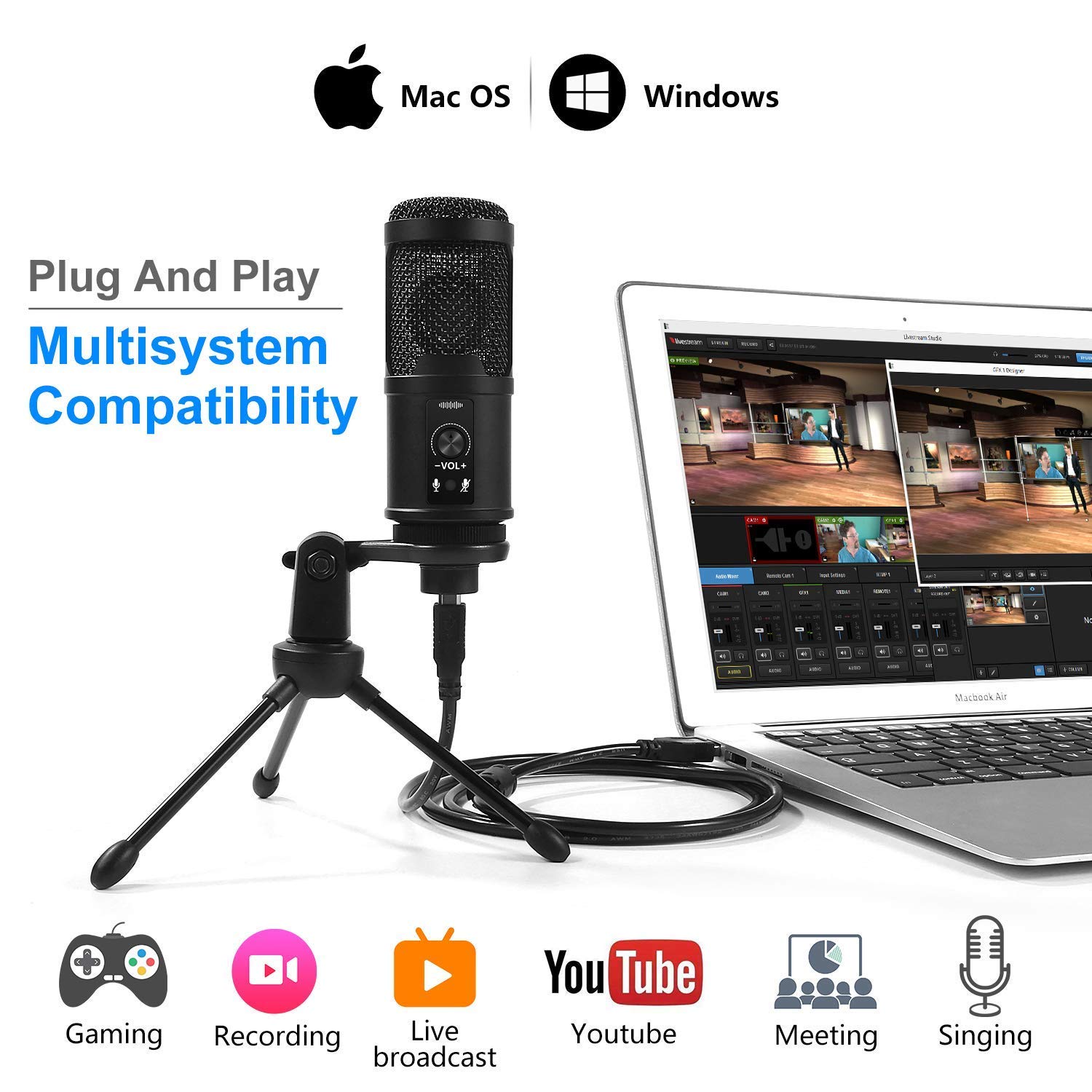digi marker USB Condenser Microphone, Plug and Play Recording Microphone, Professional Studio Mic Kit Compatible with PC Laptop Mac Windows for Voice Over, Gaming Podcasting, Streaming, YouTube