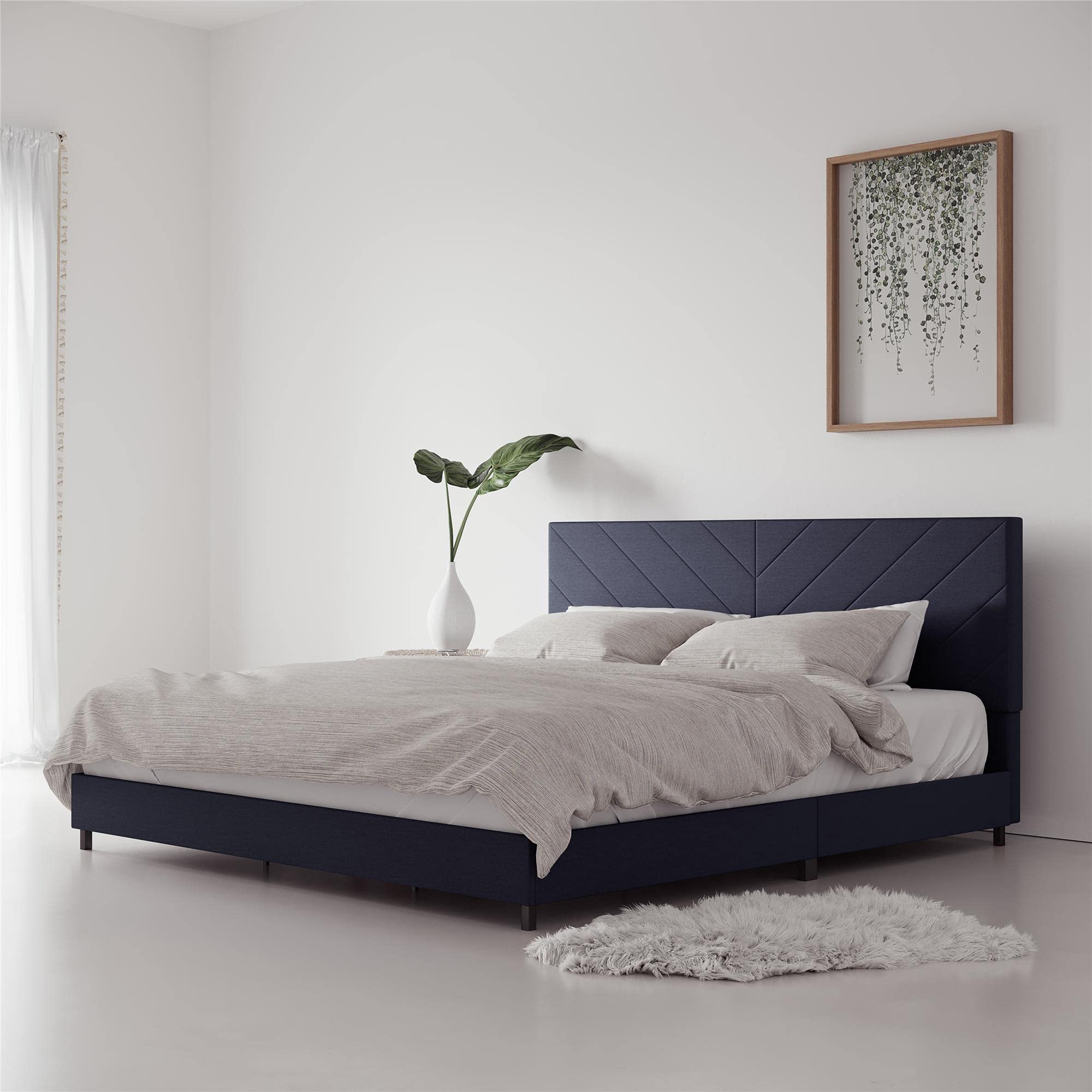 DHP Mathias Upholstered Bed with USB, Dual Port with Power Adapter, King, Navy